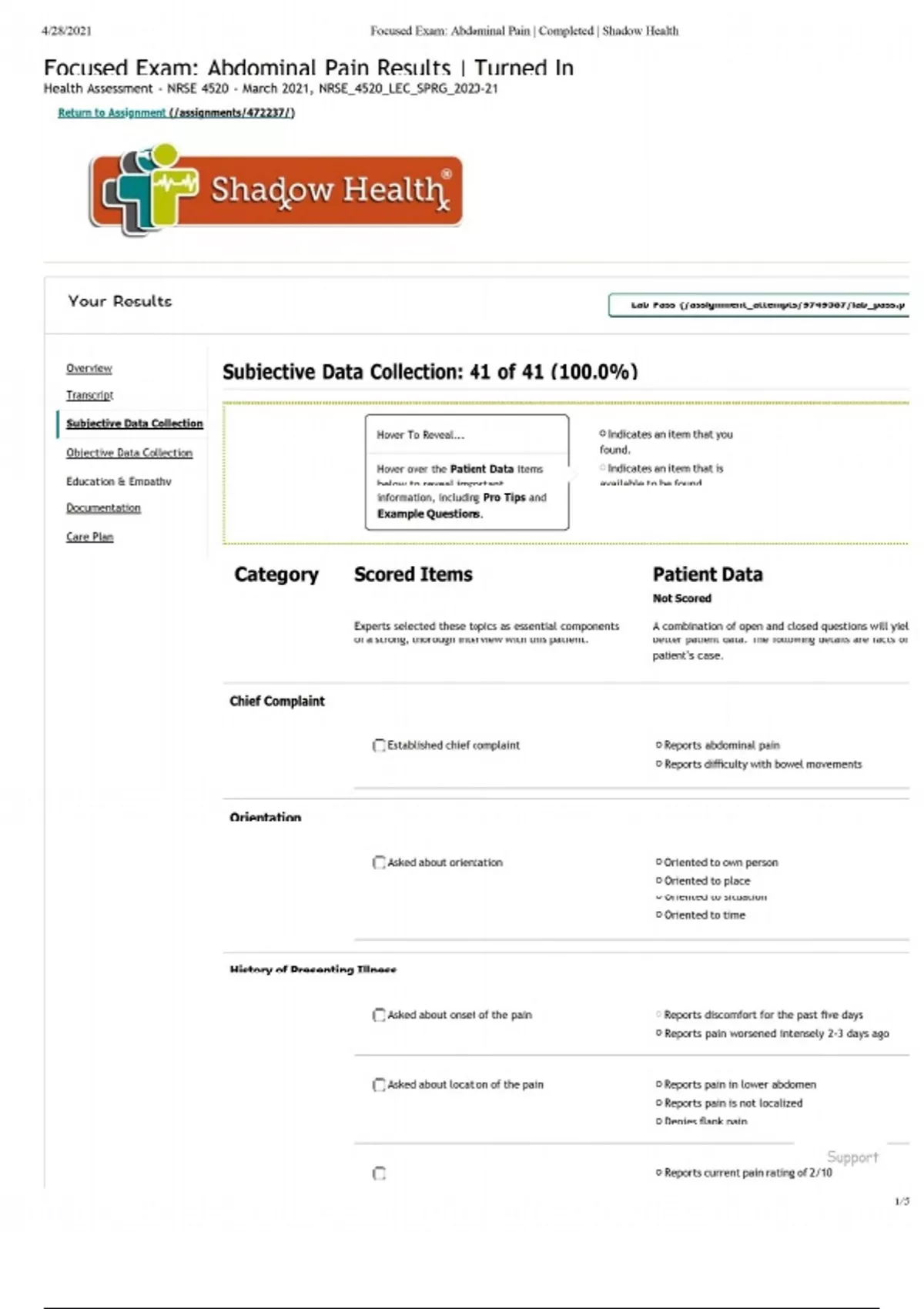 Focused Exam: Abdominal Pain | Completed | Shadow Health - Patient ...