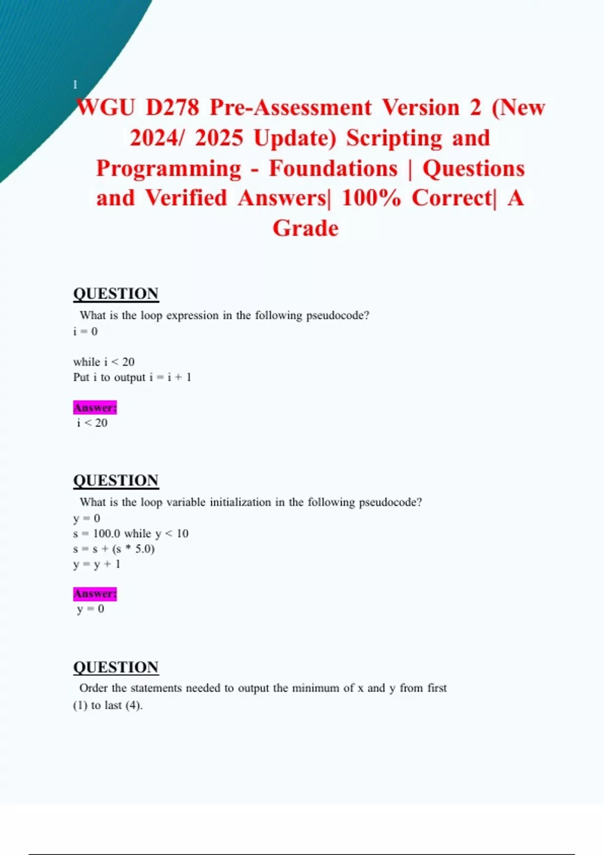WGU D278 Pre-Assessment Version 2 (New 2024/ 2025 Update) Scripting and Programming ...