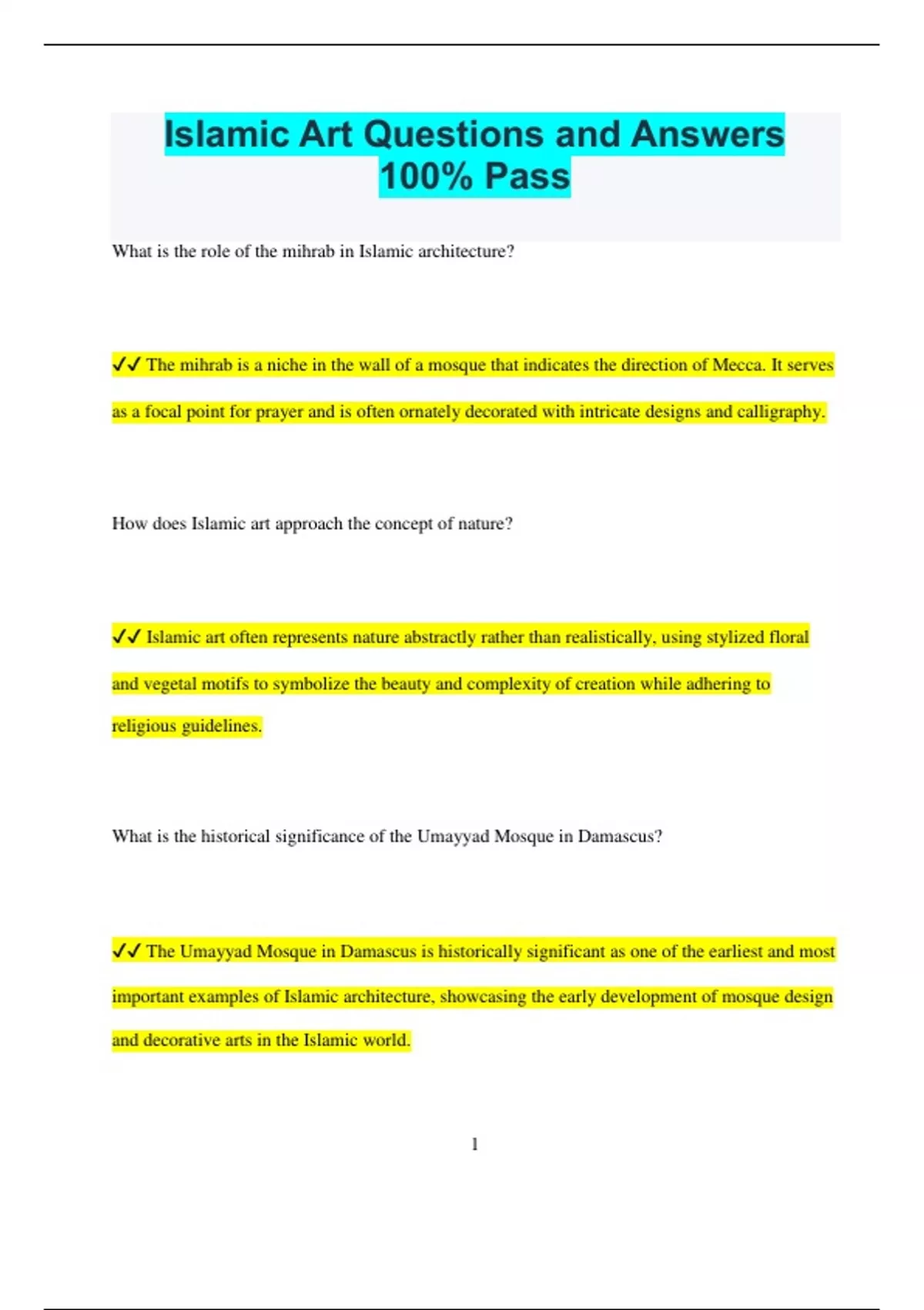 Islamic Art Questions and Answers 100% Pass - Islamic Art - Stuvia US