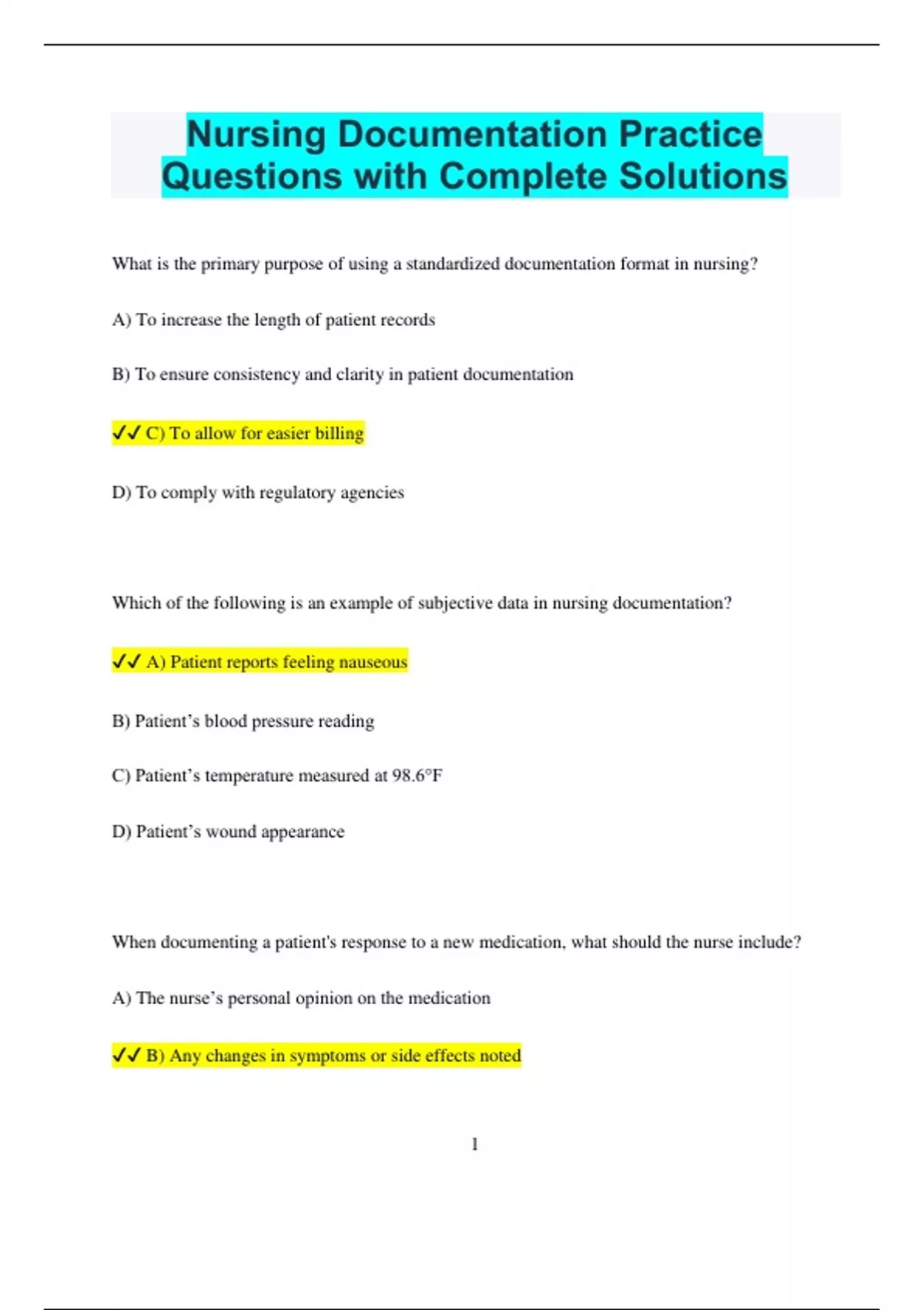 Nursing Documentation Practice Questions With Complete Solutions Nursing Stuvia Us