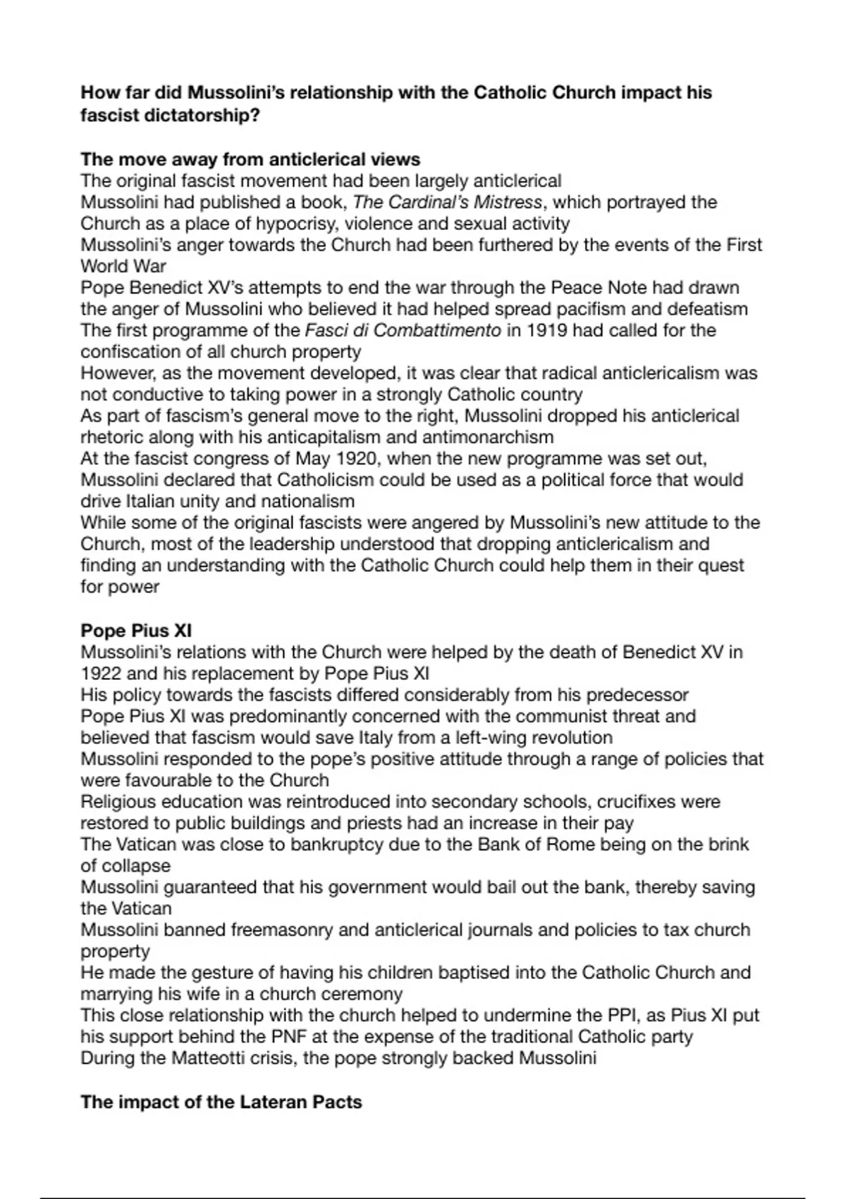 Summary The impact of Mussolini's relationship with the Catholic Church ...