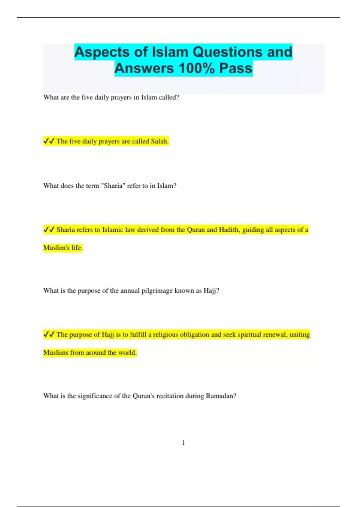 Islam Religion Bundled Exams Questions and Answers Multiple Versions ...