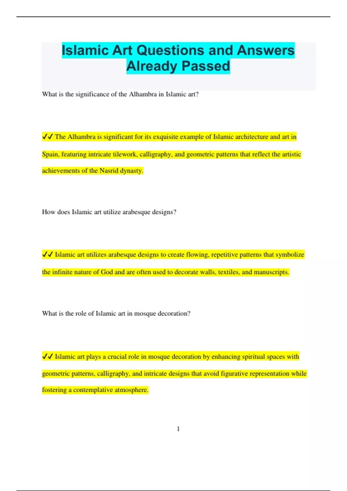 Islamic Art Questions and Answers Already Passed - Islamic Art - Stuvia US