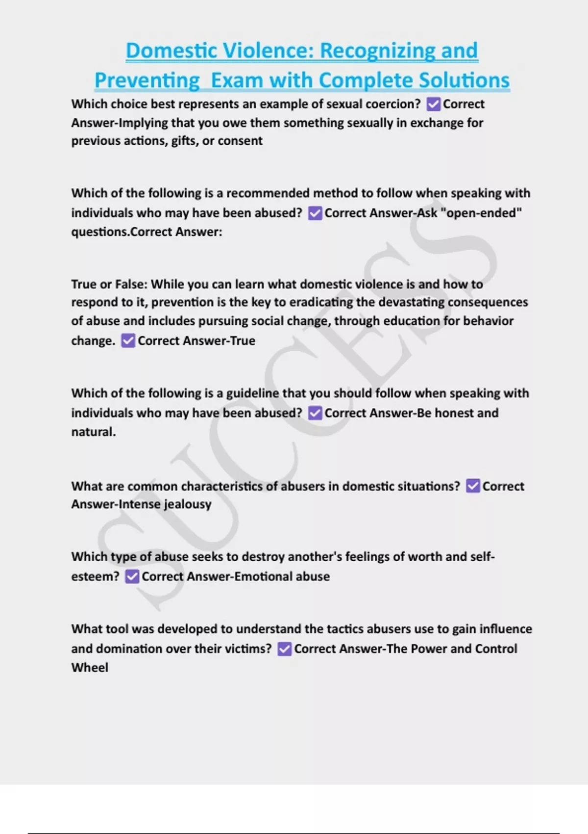 Domestic Violence: Recognizing and Preventing Exam with Complete ...