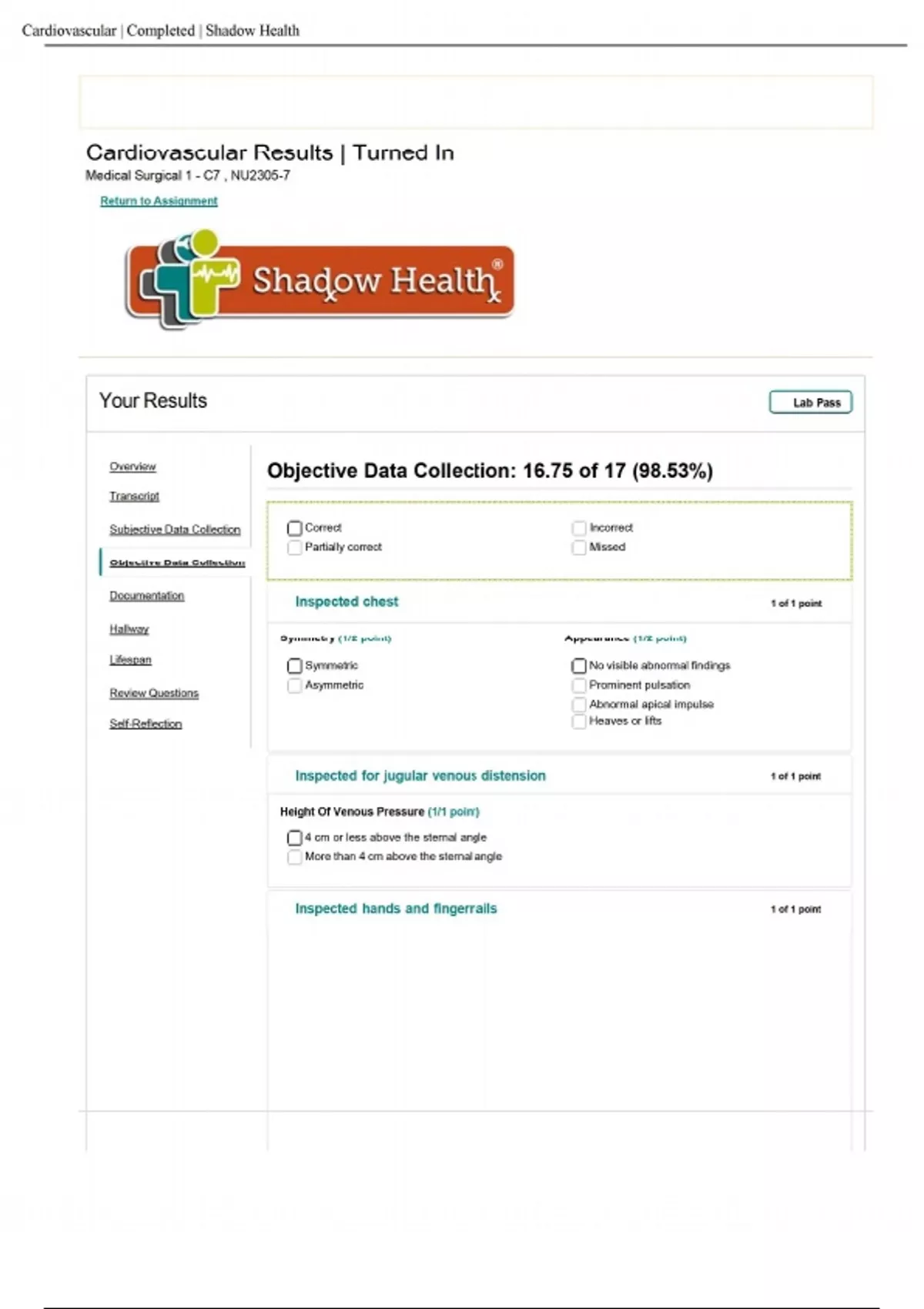 Medical Surgical 1 Shadow Health Cardiovascular Objective Data ...