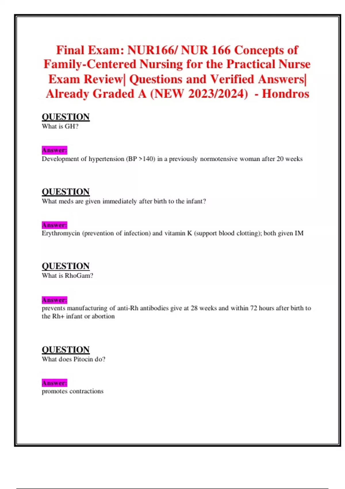 Final Exam: NUR166/ NUR 166 Concepts of Family-Centered Nursing for the ...