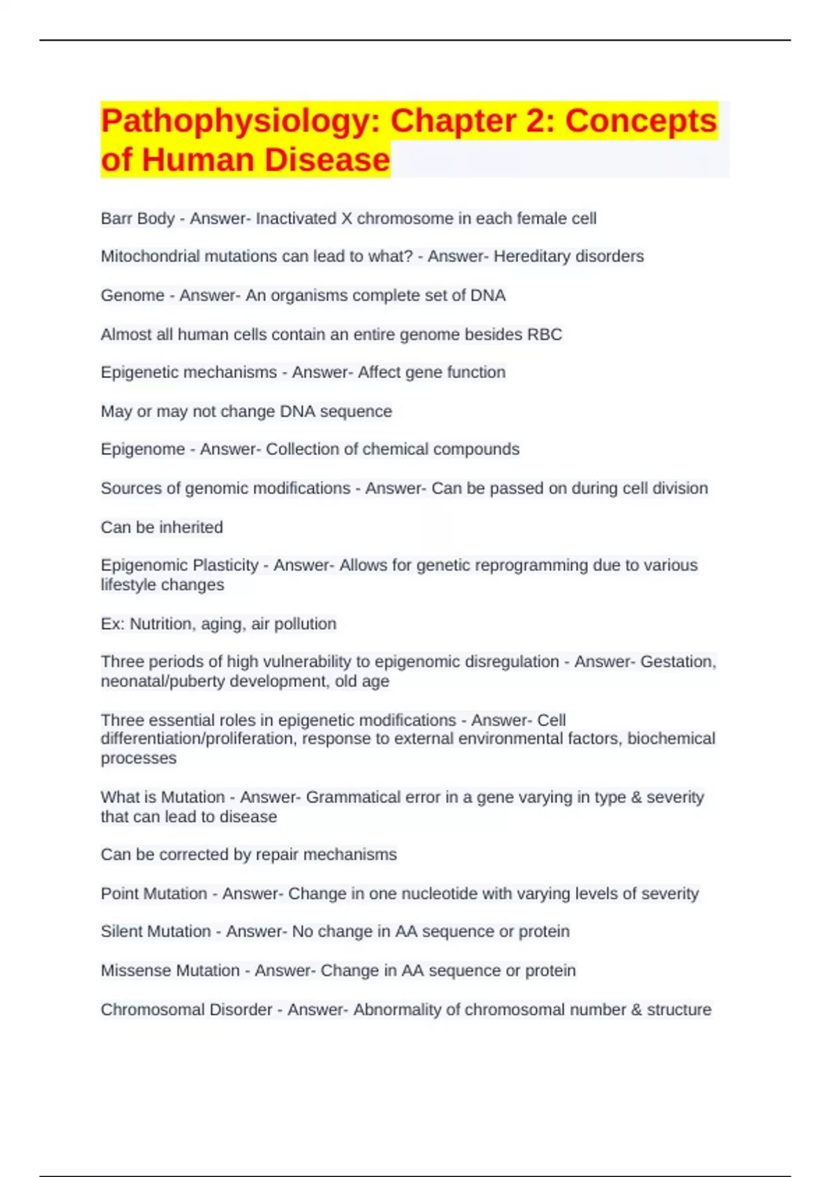 Pathophysiology: Chapter 2: Concepts of Human Disease Questions well ...