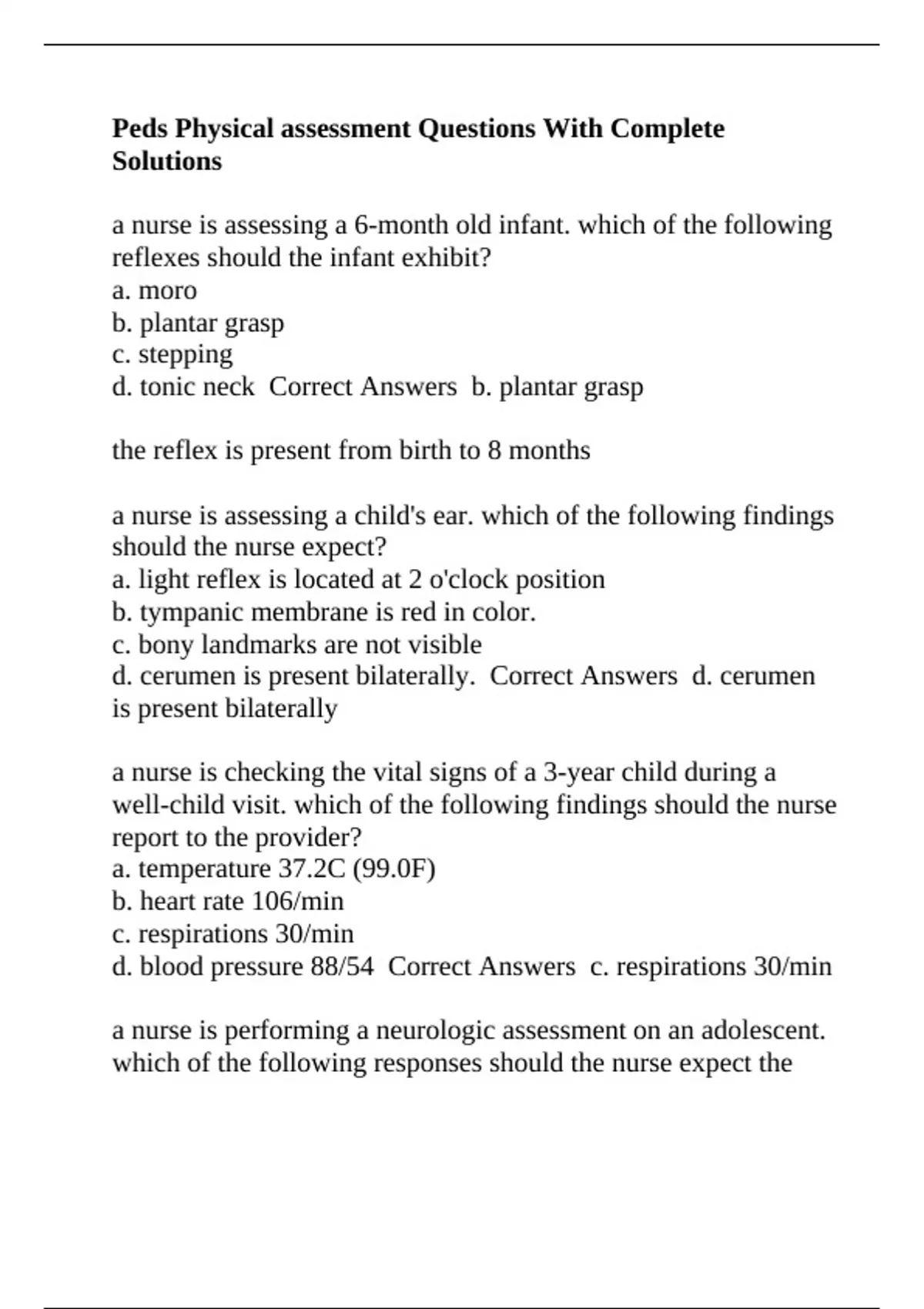 Peds Physical assessment Questions With Complete Solutions - Pediatrics ...