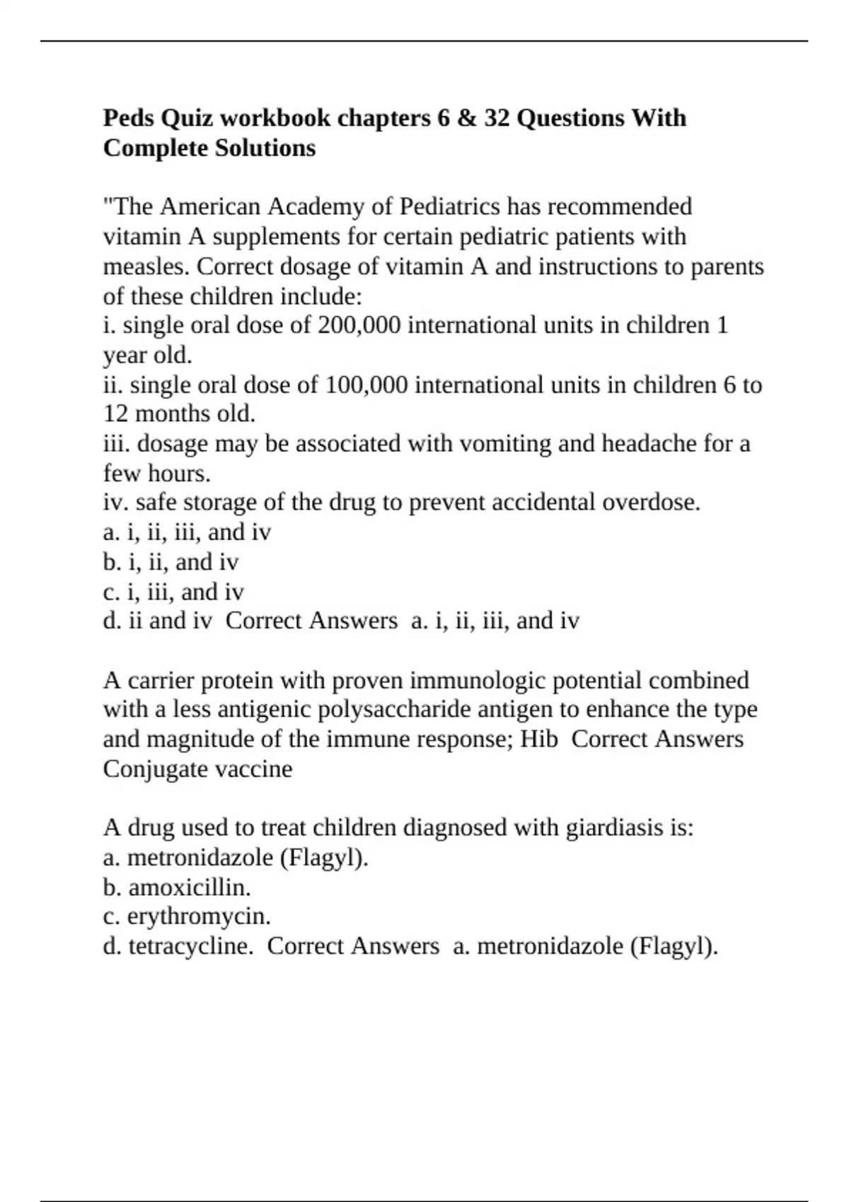 Peds Quiz workbook chapters 6 & 32 Questions With Complete Solutions ...