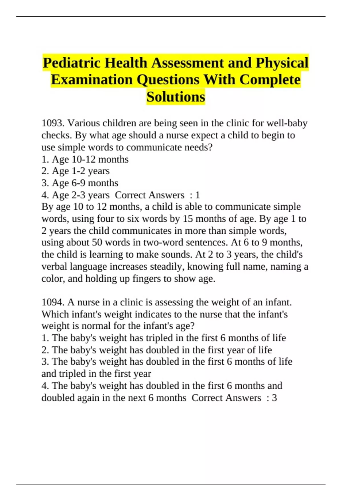 Pediatric Health Assessment and Physical Examination Questions With ...