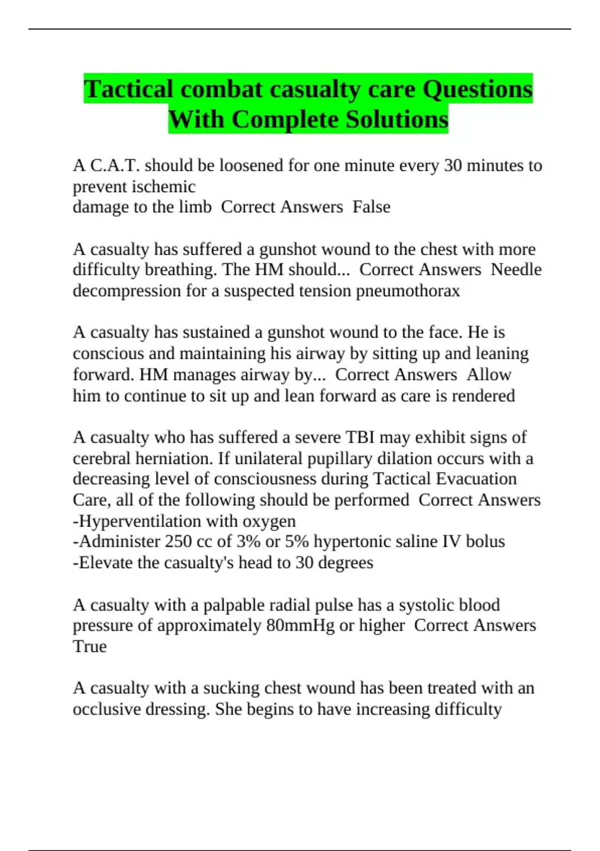 Tactical combat casualty care Questions With Complete Solutions ...
