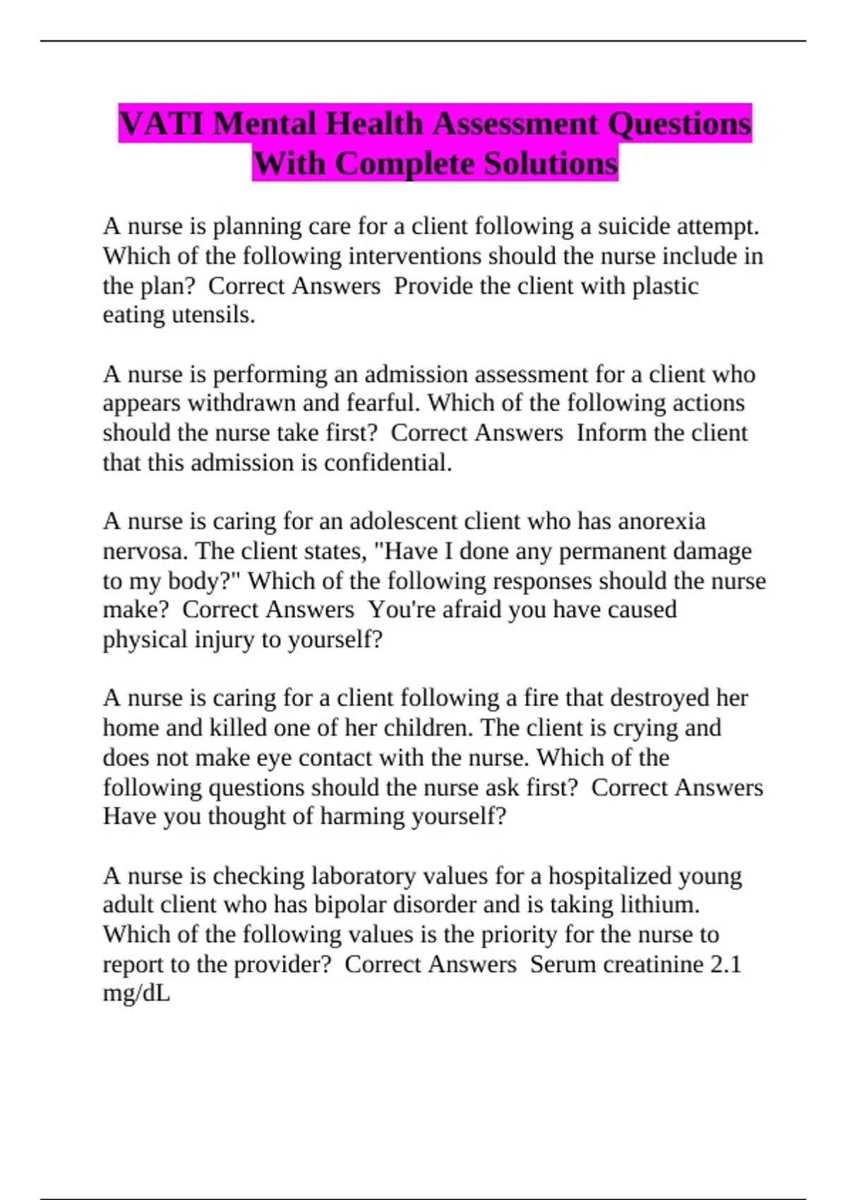 VATI Mental Health Assessment Questions With Complete Solutions - VATI ...