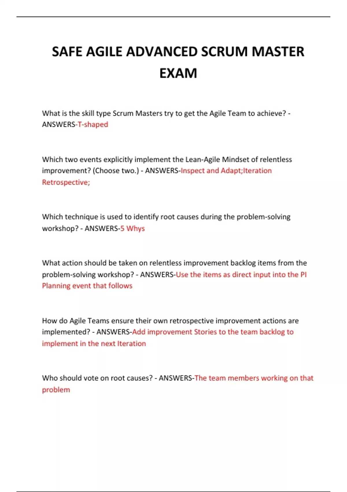 Safe Agile Advanced Scrum Master Exam 2024 Questions And Answers Safe