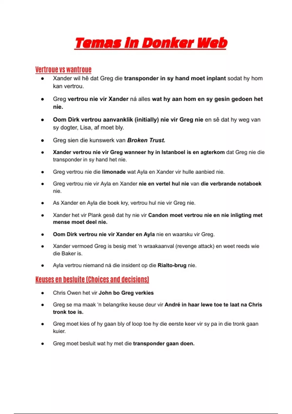 Summary IEB: Donker Web Themes - Afrikaans First Additional Language OR IsiXhosa First ...