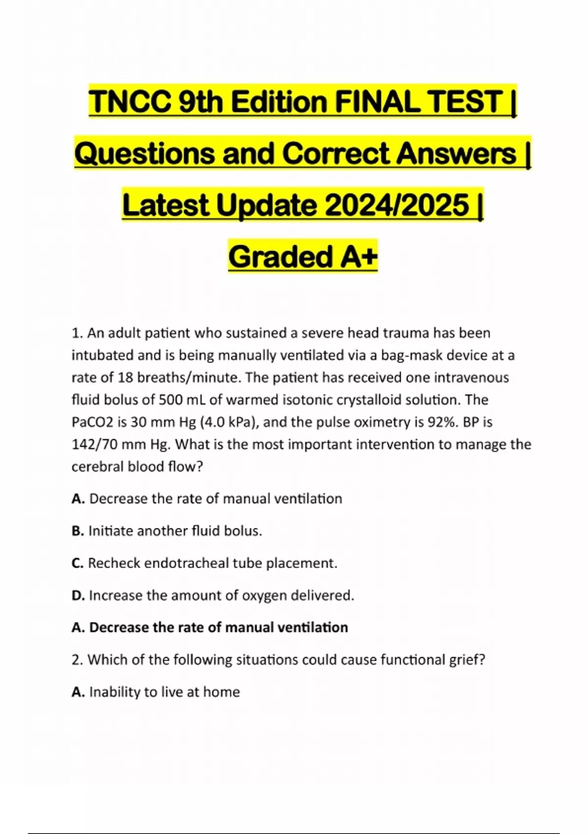 TNCC 9th Edition FINAL TEST | Questions and Correct Answers | Latest ...