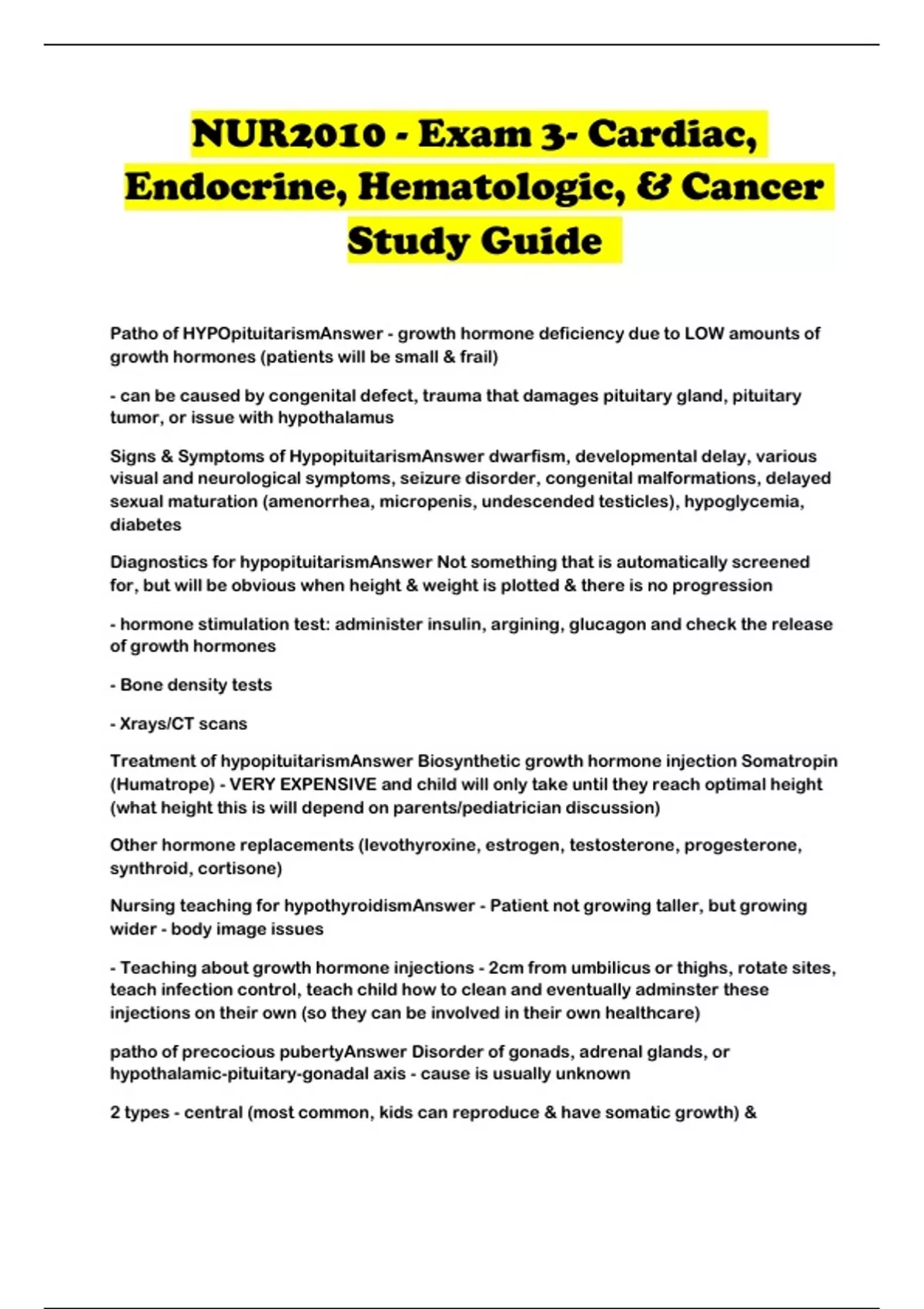 NUR2010 - Exam 3- Cardiac, Endocrine, Hematologic, & Cancer Study Guide ...