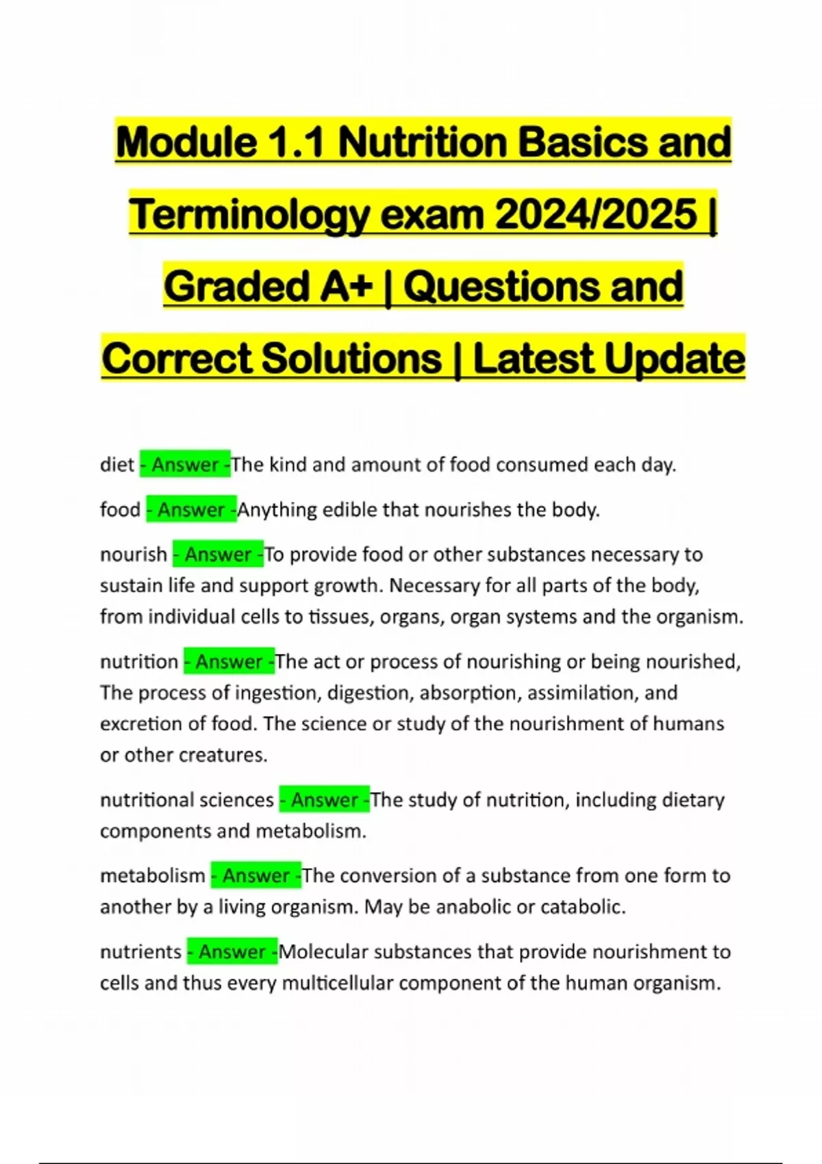 Module 1.1 Nutrition Basics and Terminology exam 2024/2025 | Graded A+ ...