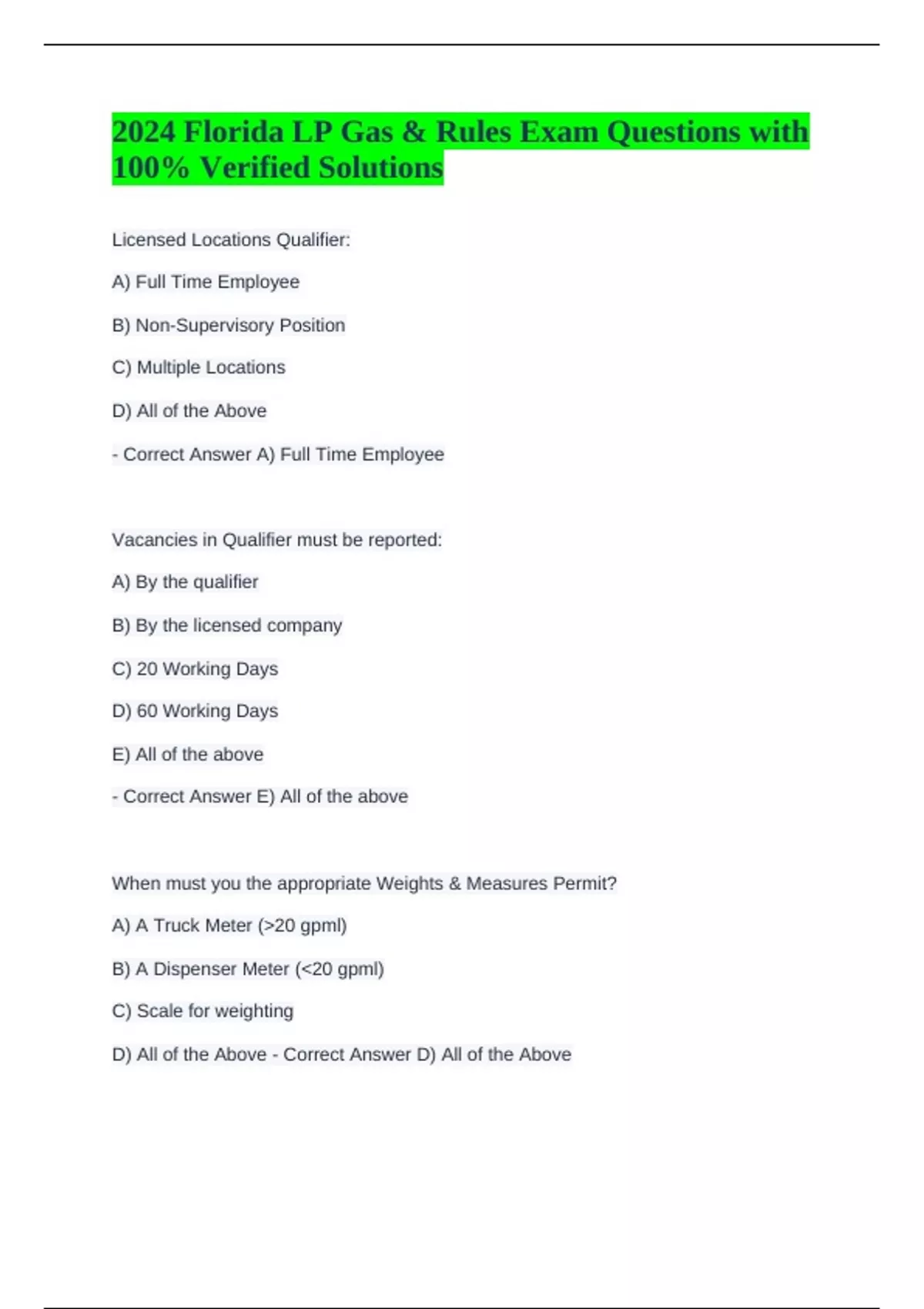 2024 Florida LP Gas & Rules Exam Questions with 100% Verified Solutions ...
