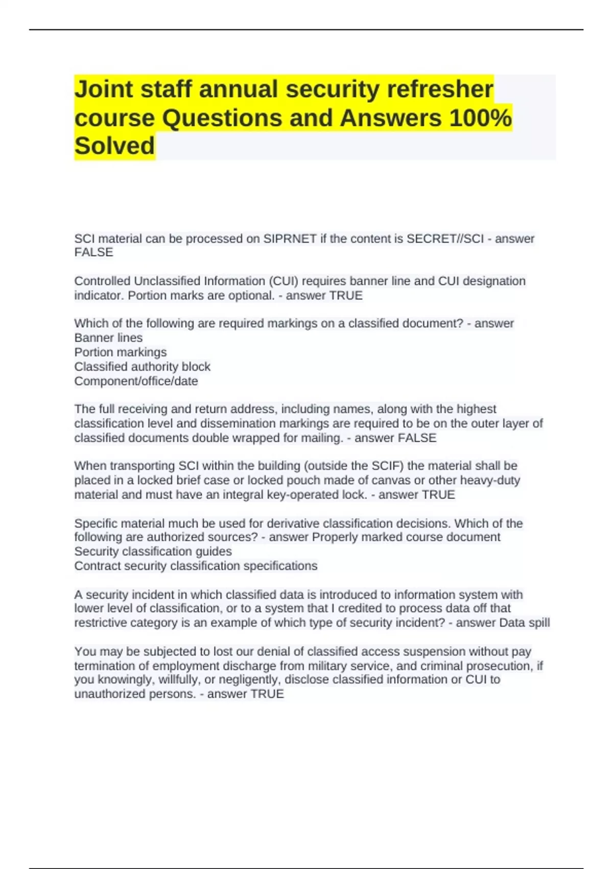 Joint staff annual security refresher course Questions and Answers 100% ...