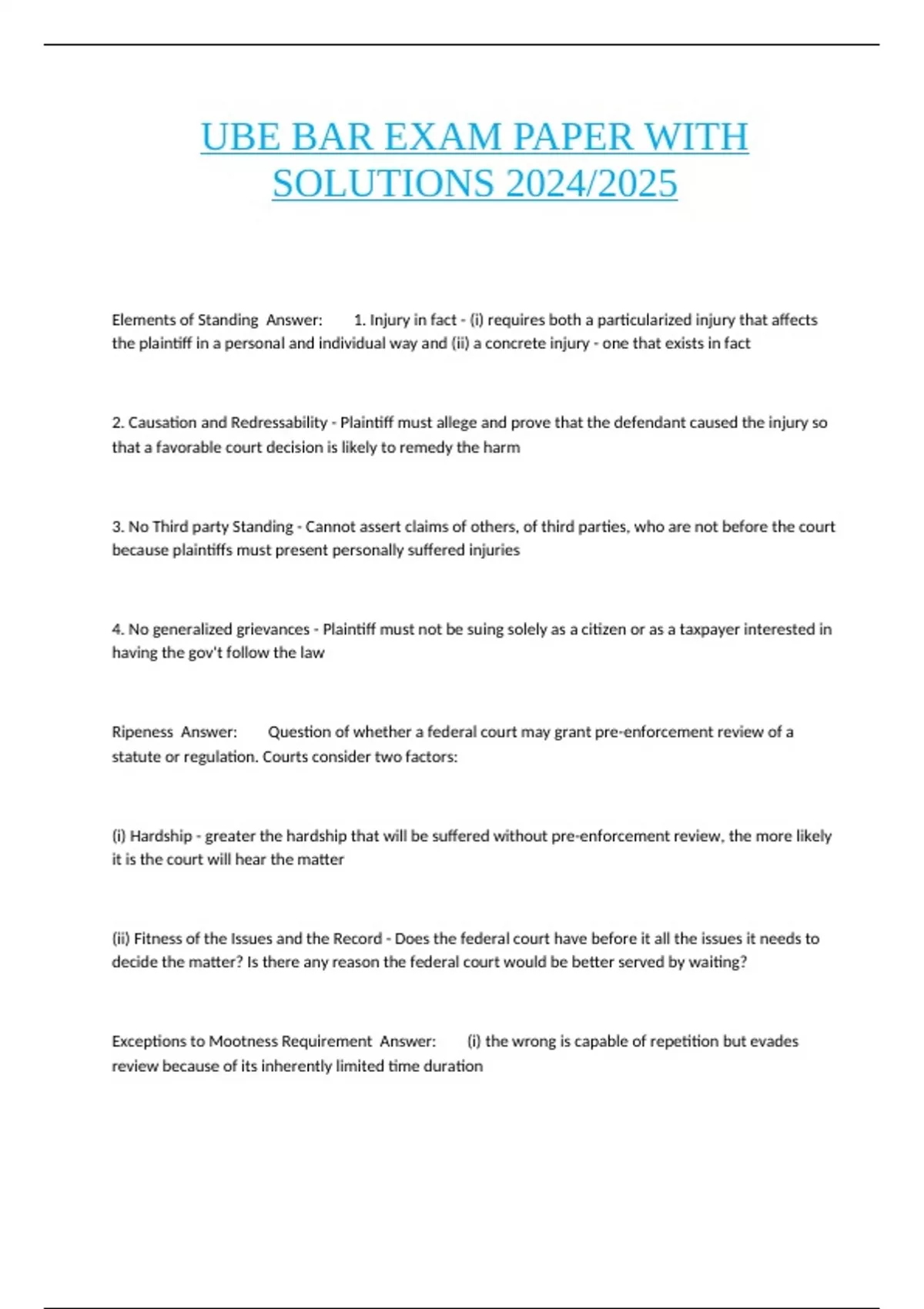 UBE BAR EXAM PAPER WITH SOLUTIONS 2024/2025 - UBE Bar - Stuvia US