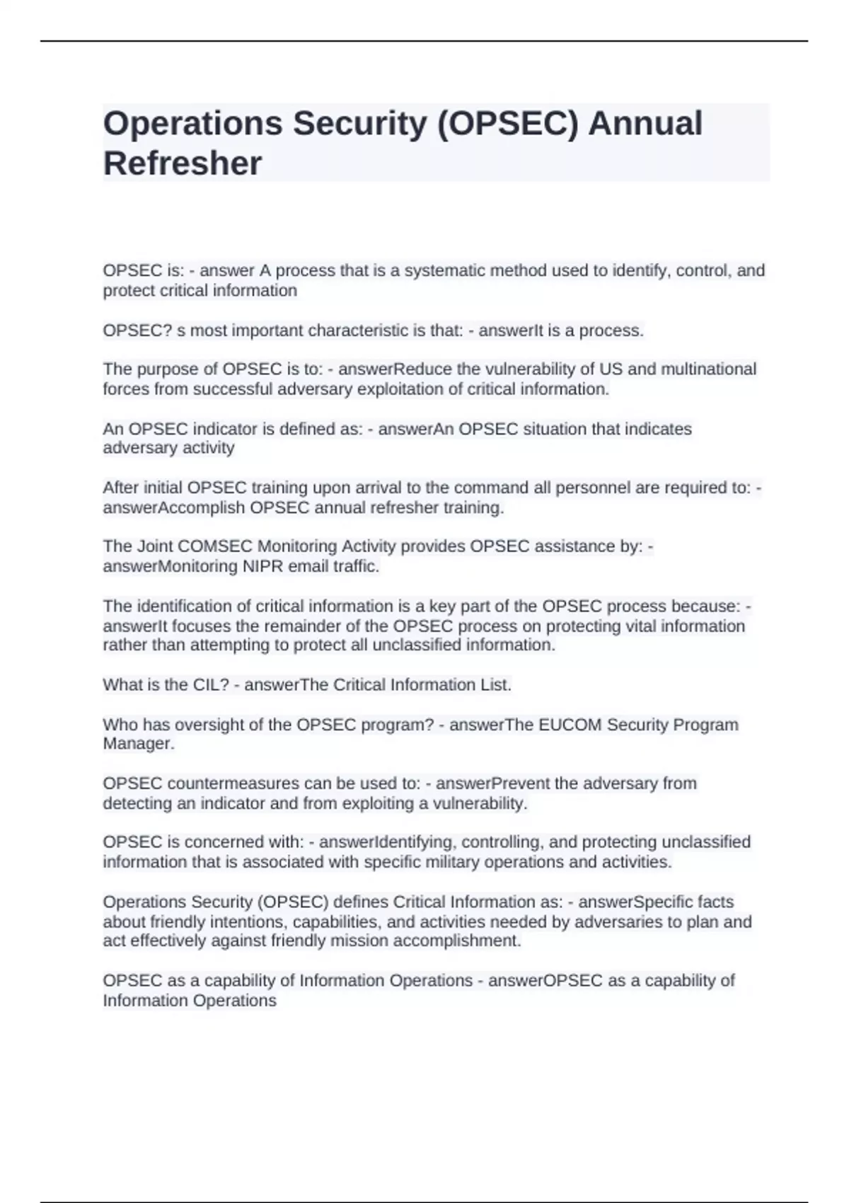Operations Security (OPSEC) Annual Refresher Questions and Answers 2024 ...