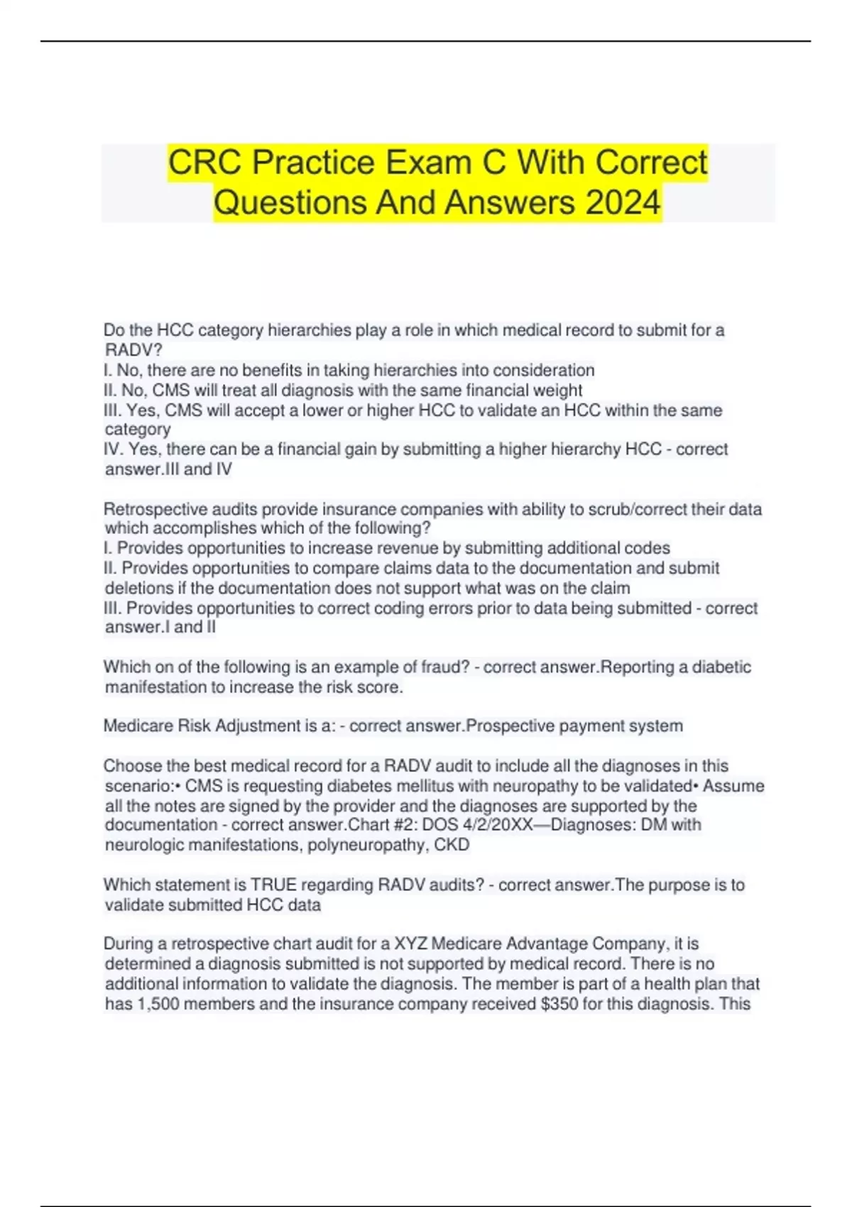 CRC Practice Exam C With Correct Questions And Answers 2024 - CRC ...