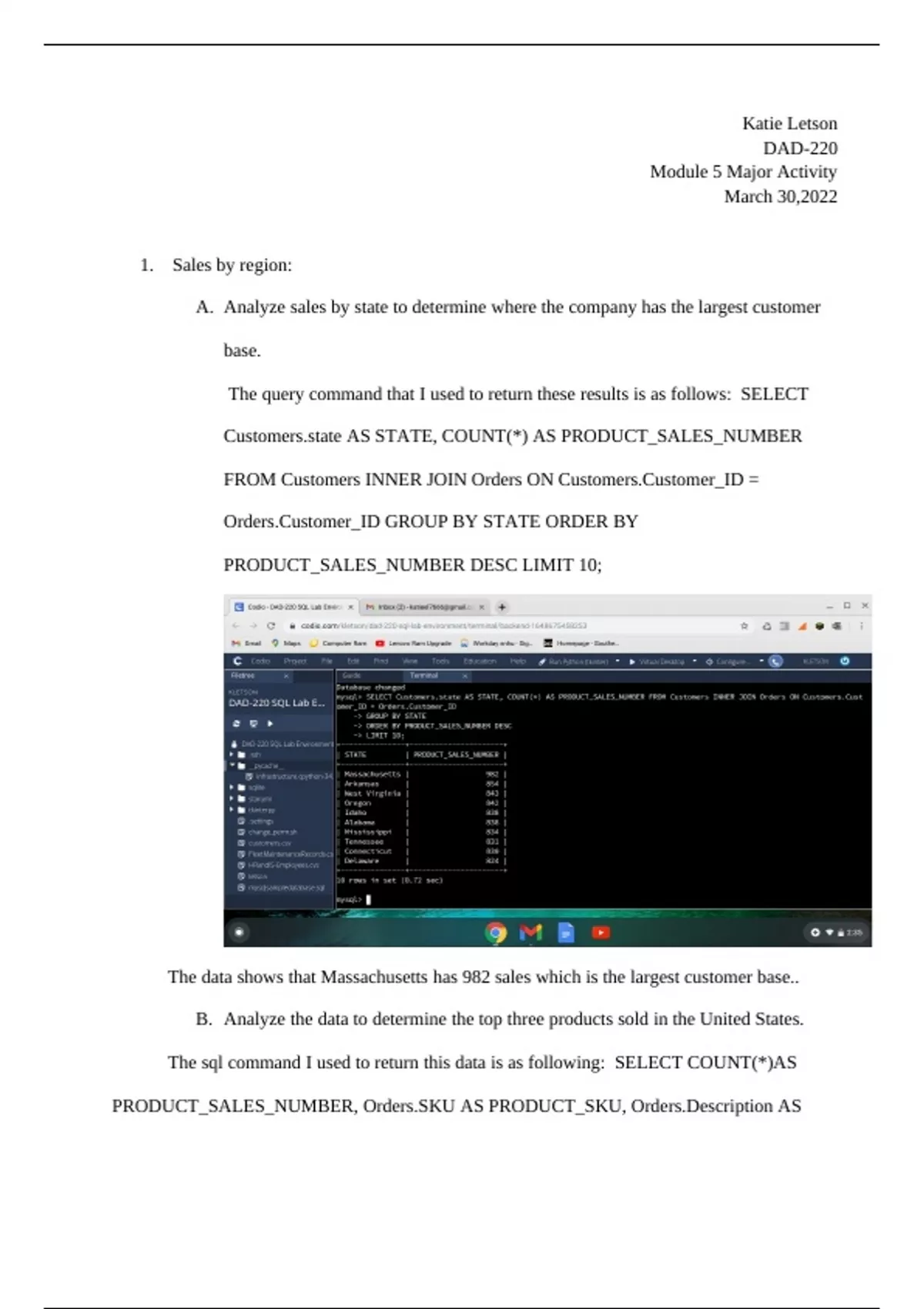 DAD-220 Major Activity Module 5 - DAD-220 Intro. to Structured Query ...