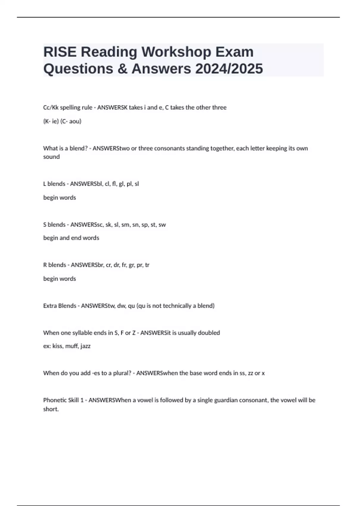 RISE Reading Workshop Exam Questions & Answers 2024/2025 - RISE Reading Workshop - Stuvia US
