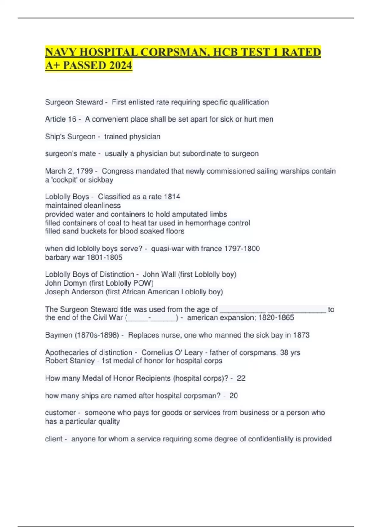 NAVY HOSPITAL CORPSMAN, HCB TEST 1 RATED A+ PASSED 2024 - Hcb - Stuvia US