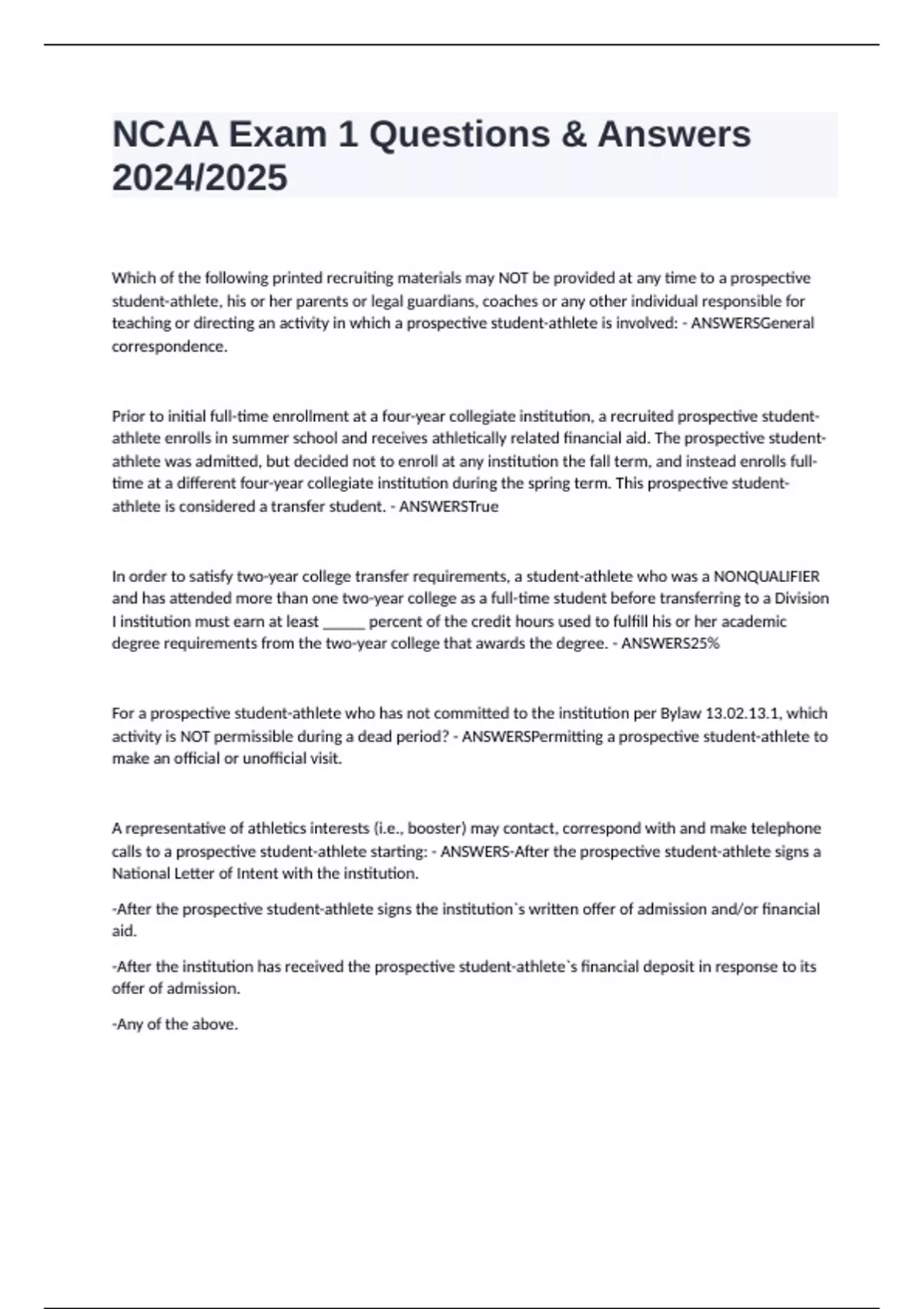 NCAA Exam 1 Questions & Answers 2024/2025 - NCAA - Stuvia US