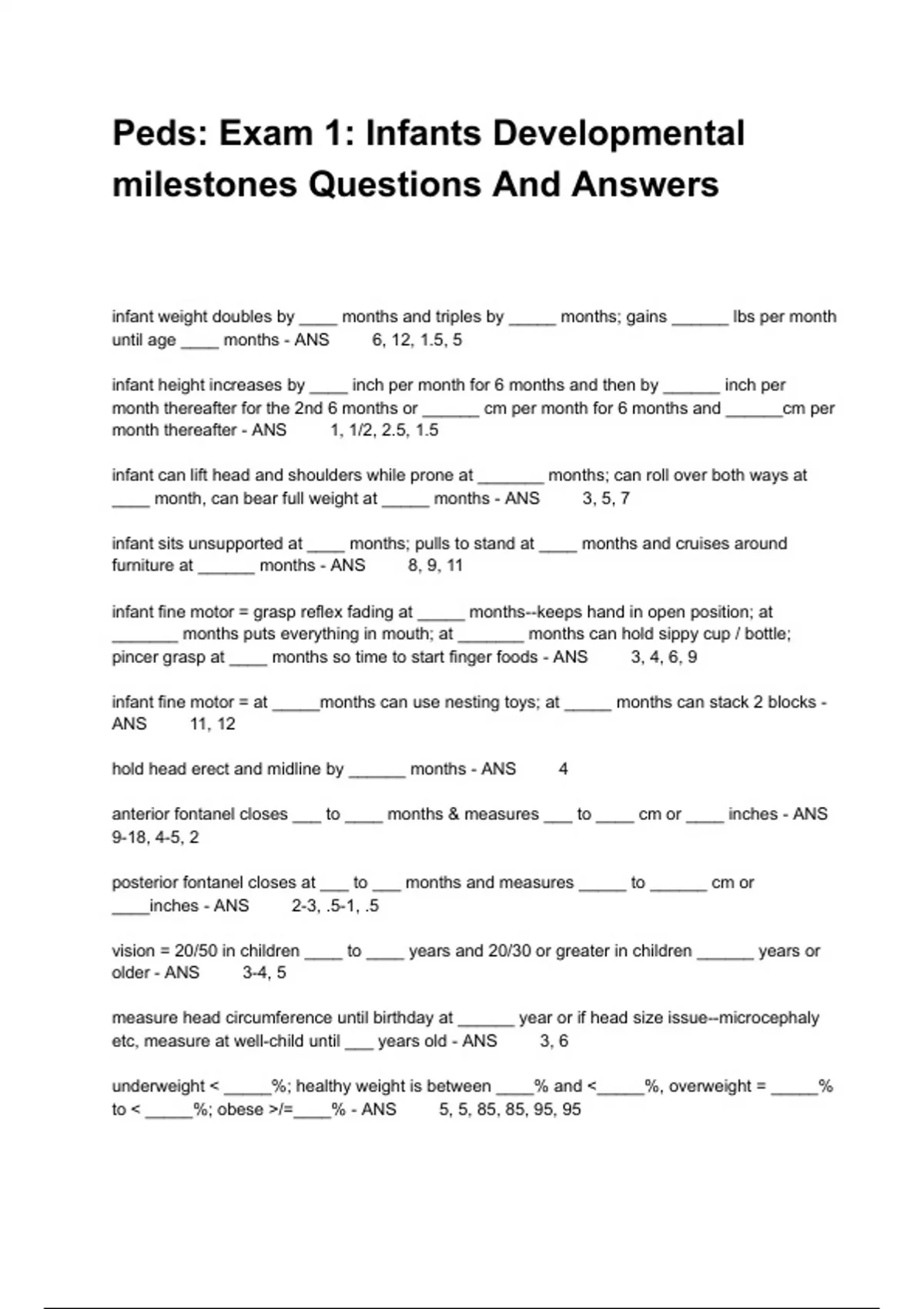 Peds: Exam 1: Infants Developmental milestones Questions And Answers ...