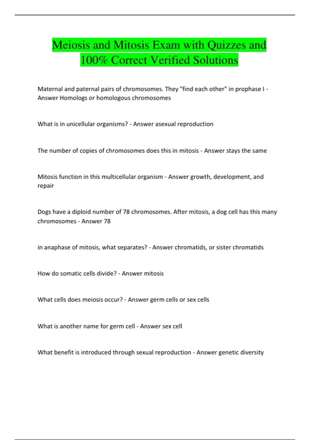 Meiosis and Mitosis Exam with Quizzes and 100% Correct Verified ...