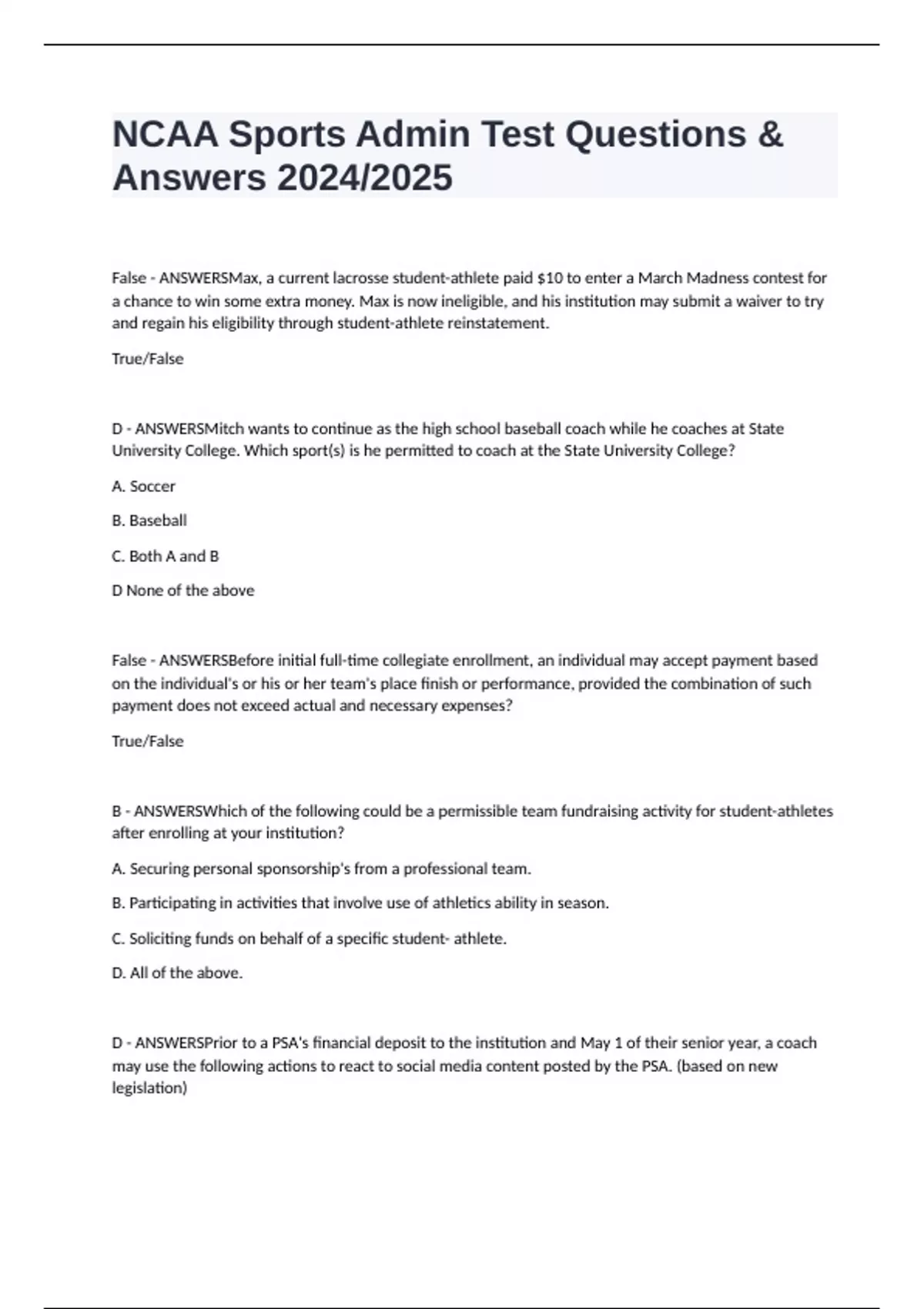 NCAA Sports Admin Test Questions & Answers 2024/2025 - NCAA Sports ...