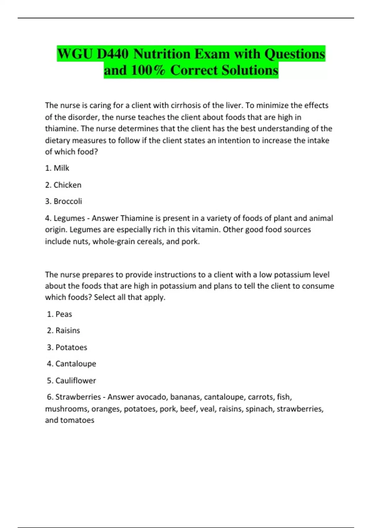 WGU D440 Nutrition Exam with Questions and 100% Correct Solutions - WGU ...