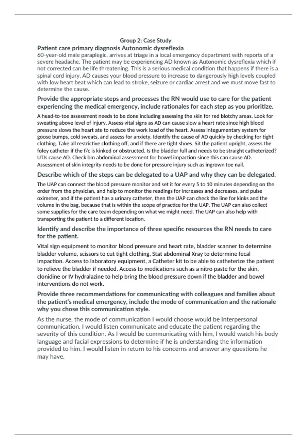 Autonomic dysreflexia 60-year-old male paraplegic, arrives at triage in ...