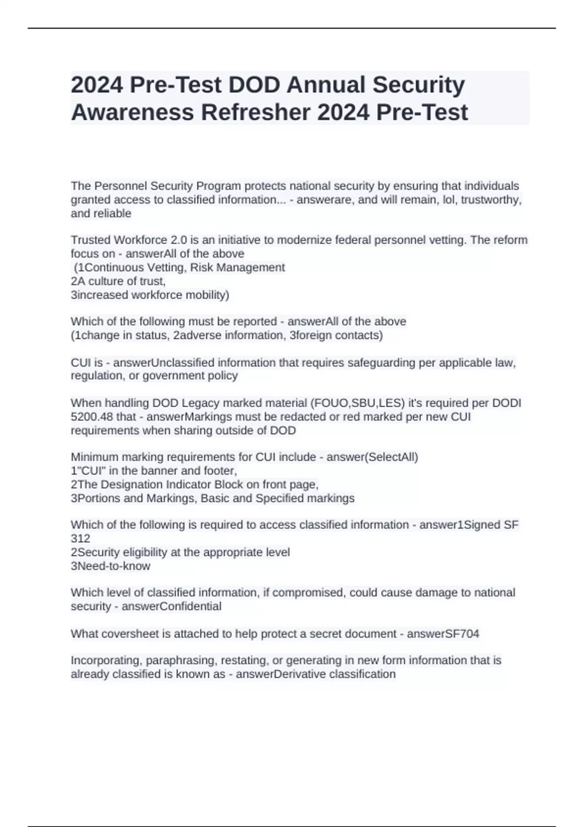 2024 Pre-Test DOD Annual Security Awareness Refresher 2024 Pre-Test ...