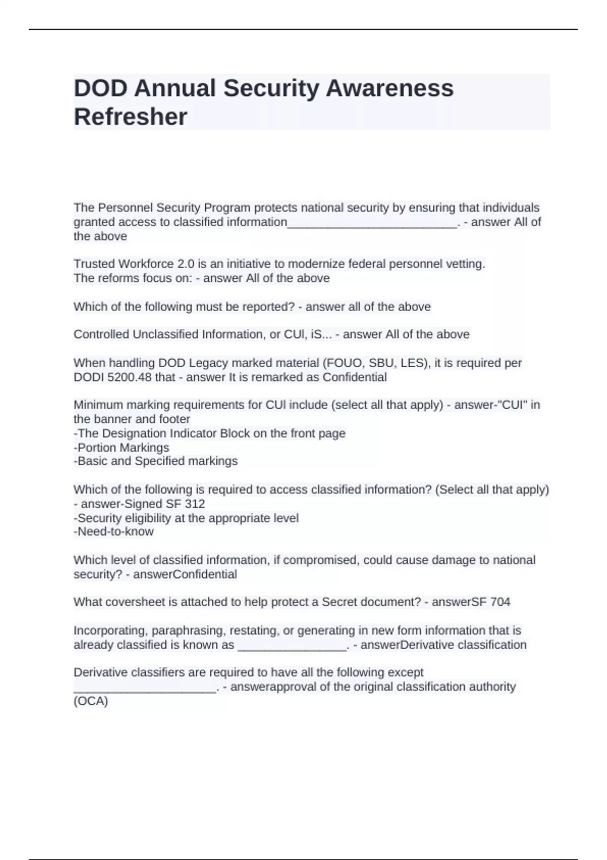 DOD Annual Security Awareness Refresher Questions with Solutions ...