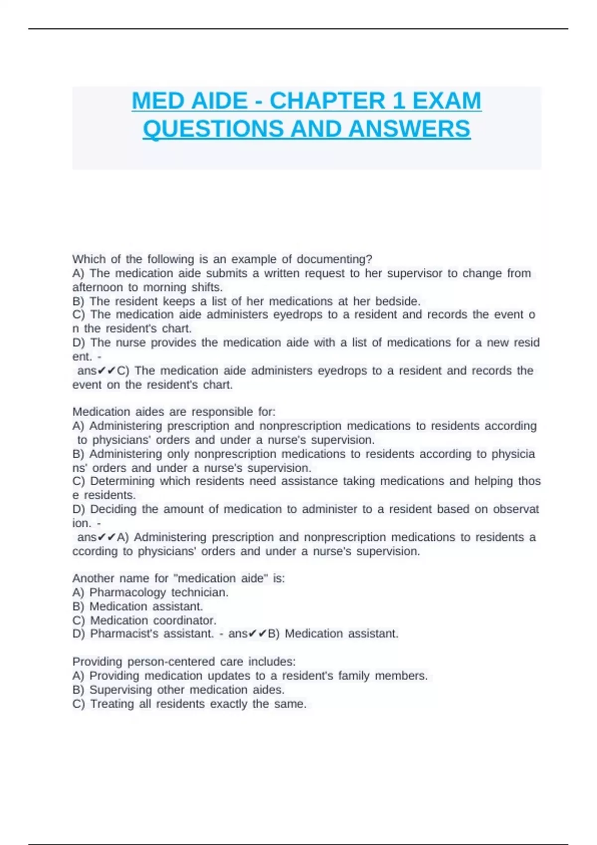 MED AIDE - CHAPTER 1 EXAM QUESTIONS AND ANSWERS - Med Aide - Stuvia US