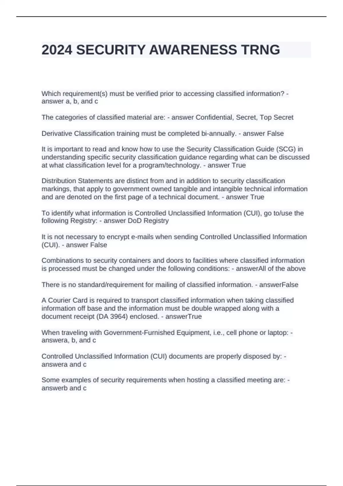 2024 SECURITY AWARENESS TRNG QUESTIONS AND ANSWERS GRADED A+ - Annual ...