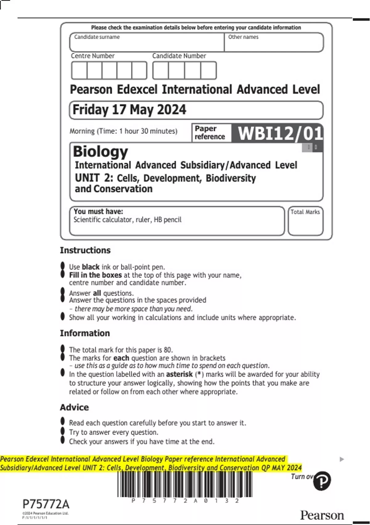 Pearson Edexcel International Advanced Level Biology Paper reference ...