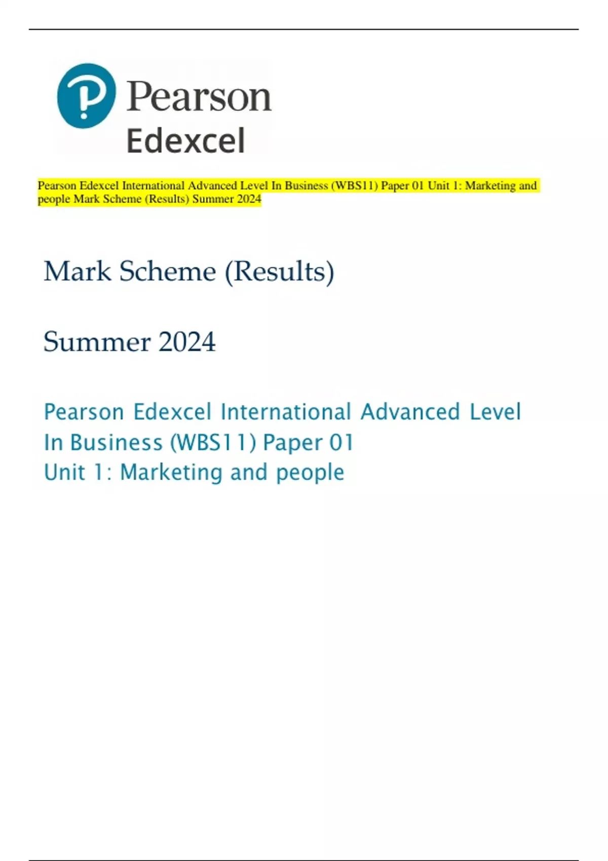 Pearson Edexcel International Advanced Level In Business (WBS11) Paper ...