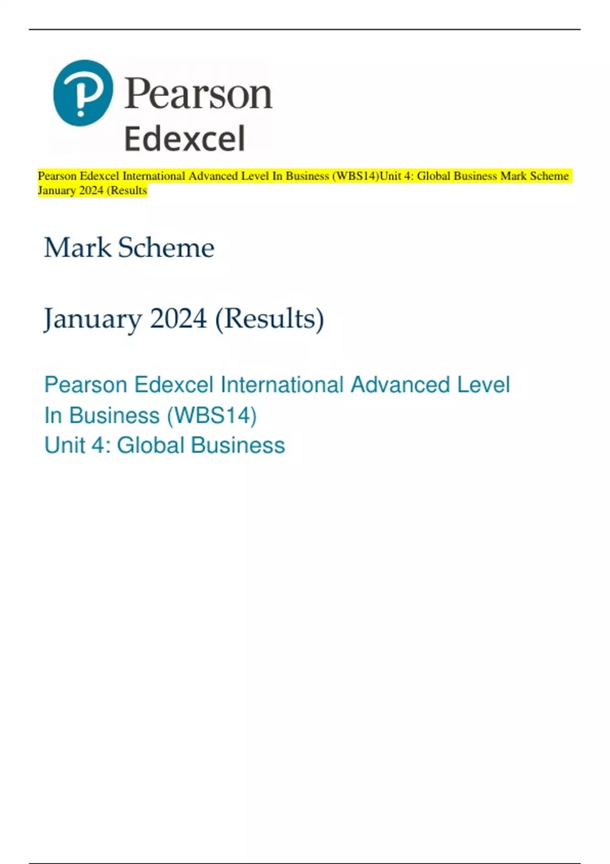 Pearson Edexcel International Advanced Level In Business (WBS14)Unit 4 ...