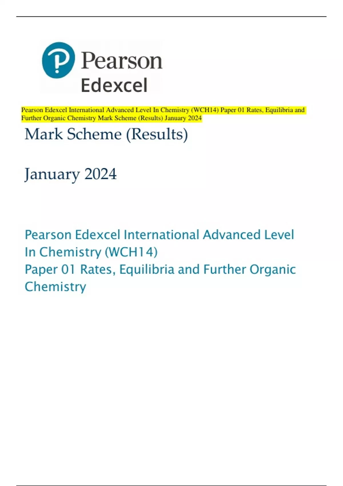 Pearson Edexcel International Advanced Level In Chemistry (WCH14) Paper ...