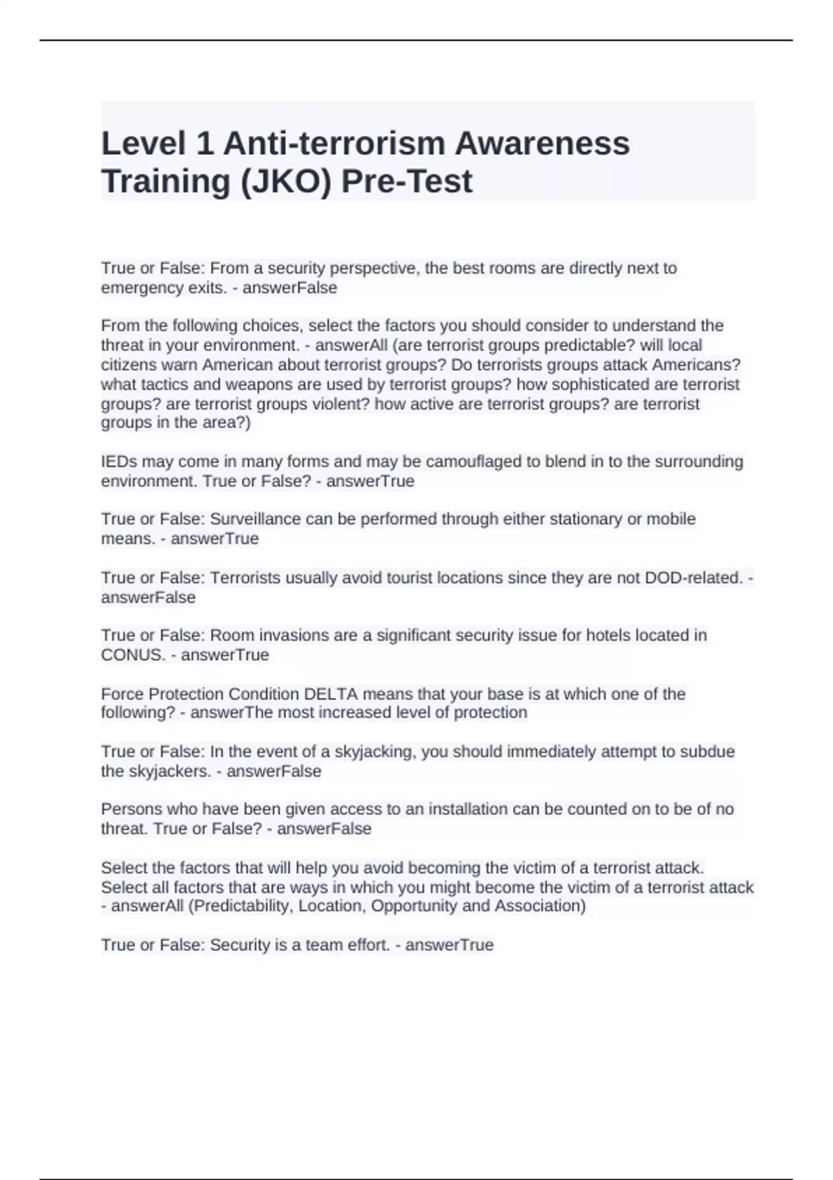 Level 1 Anti-terrorism Awareness Training (JKO) Pre-Test Questions and ...