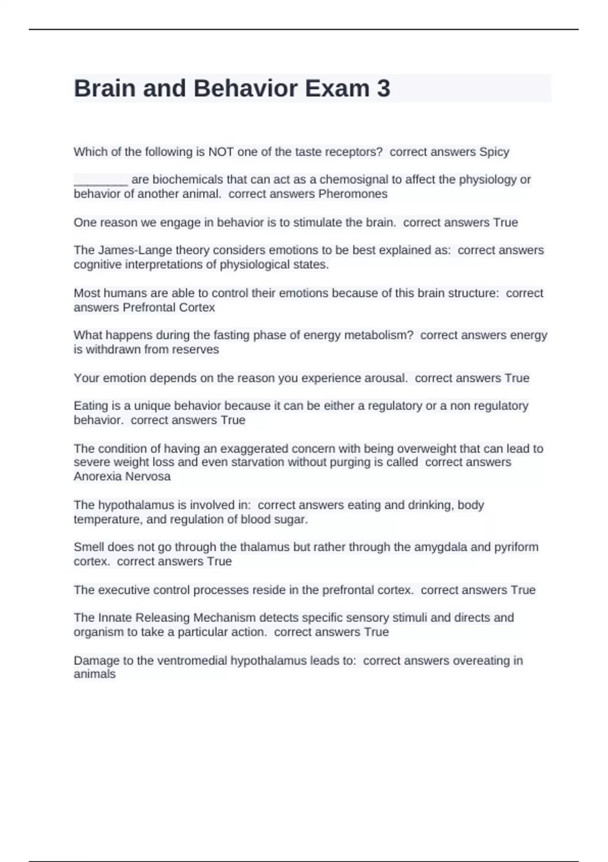 Brain and Behavior Exam with correct answers 2024 - Brain and Behavior ...