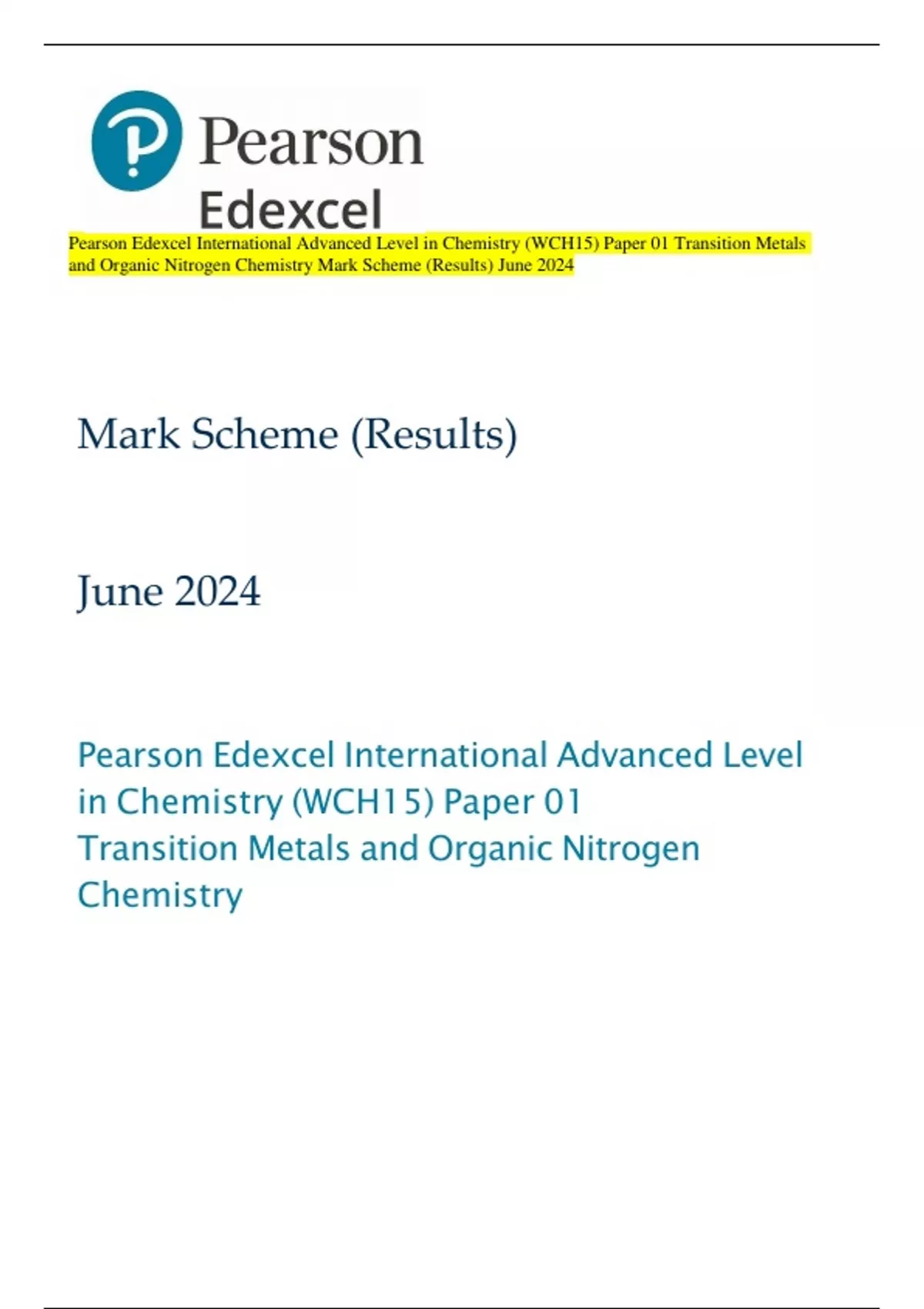 Pearson Edexcel International Advanced Level in Chemistry (WCH15) Paper ...