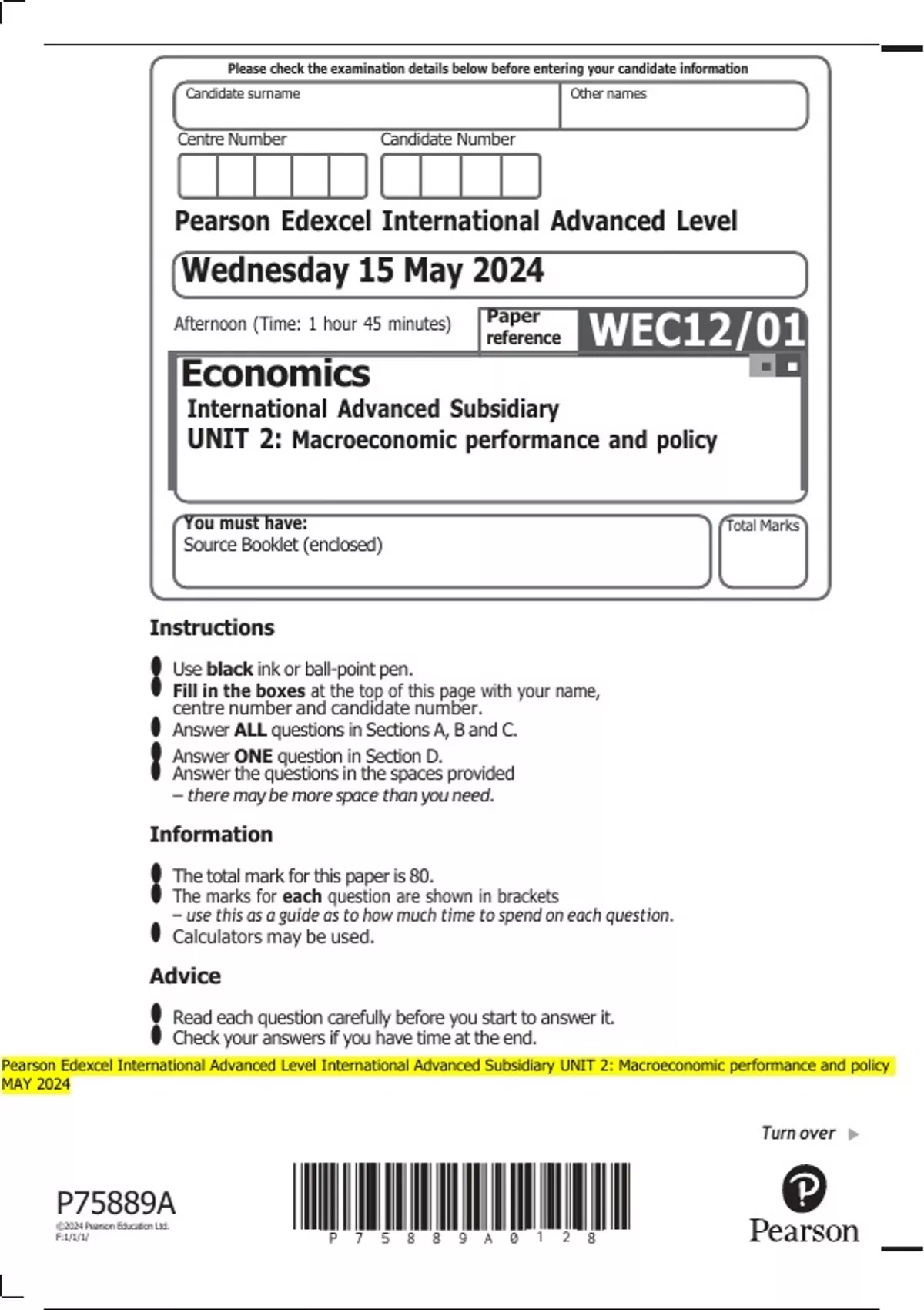 Pearson Edexcel International Advanced Level International Advanced ...