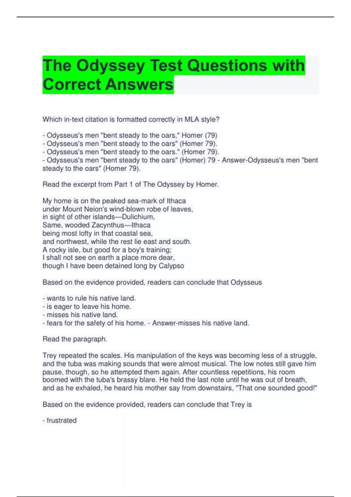 The Odyssey Test Questions with Correct Answers - The Odyssey - Stuvia US
