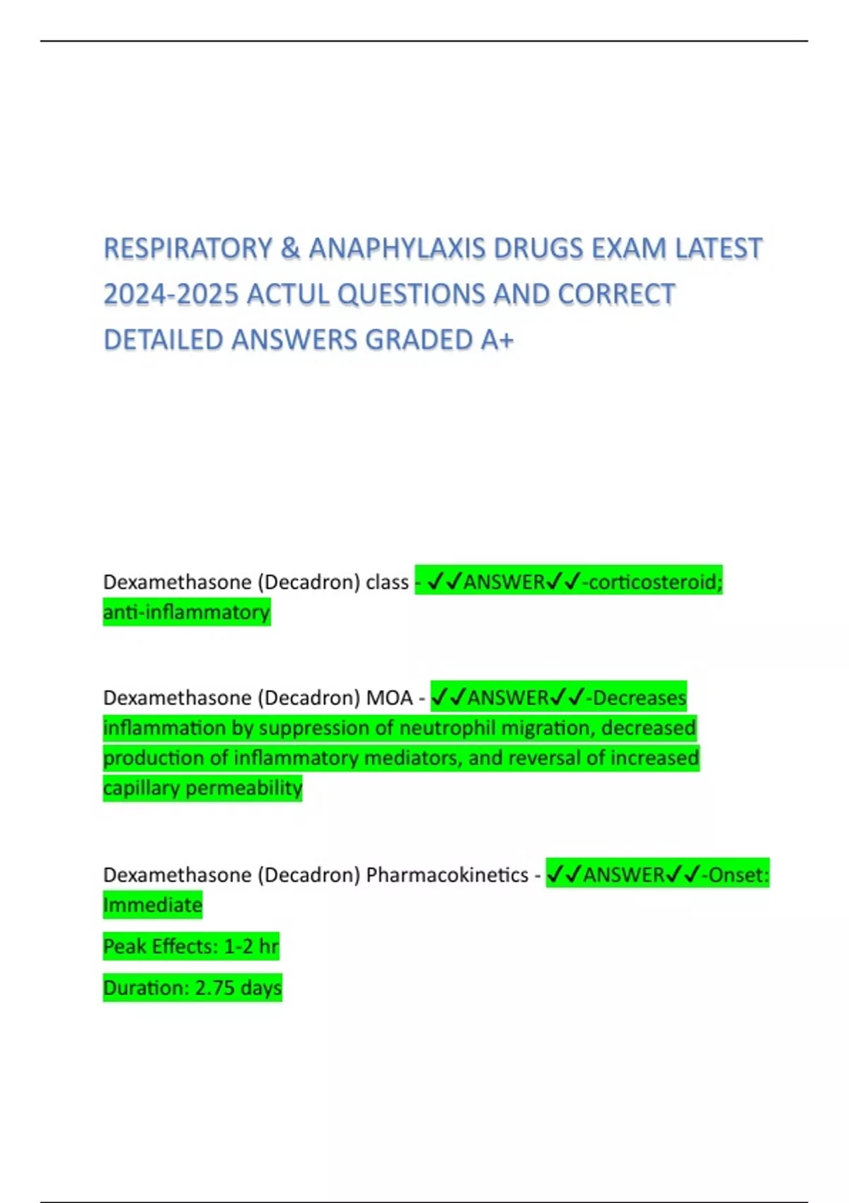 RESPIRATORY & ANAPHYLAXIS DRUGS EXAM LATEST ACTUL QUESTIONS AND CORRECT ...