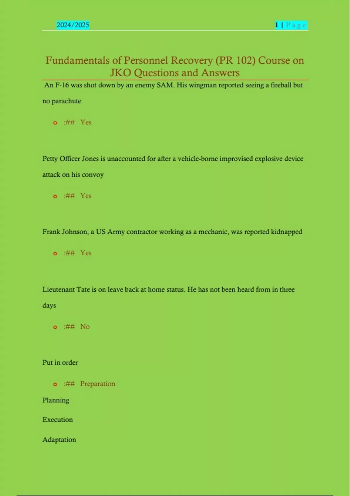 Fundamentals of Personnel Recovery (PR 102) Course on JKO Questions and ...